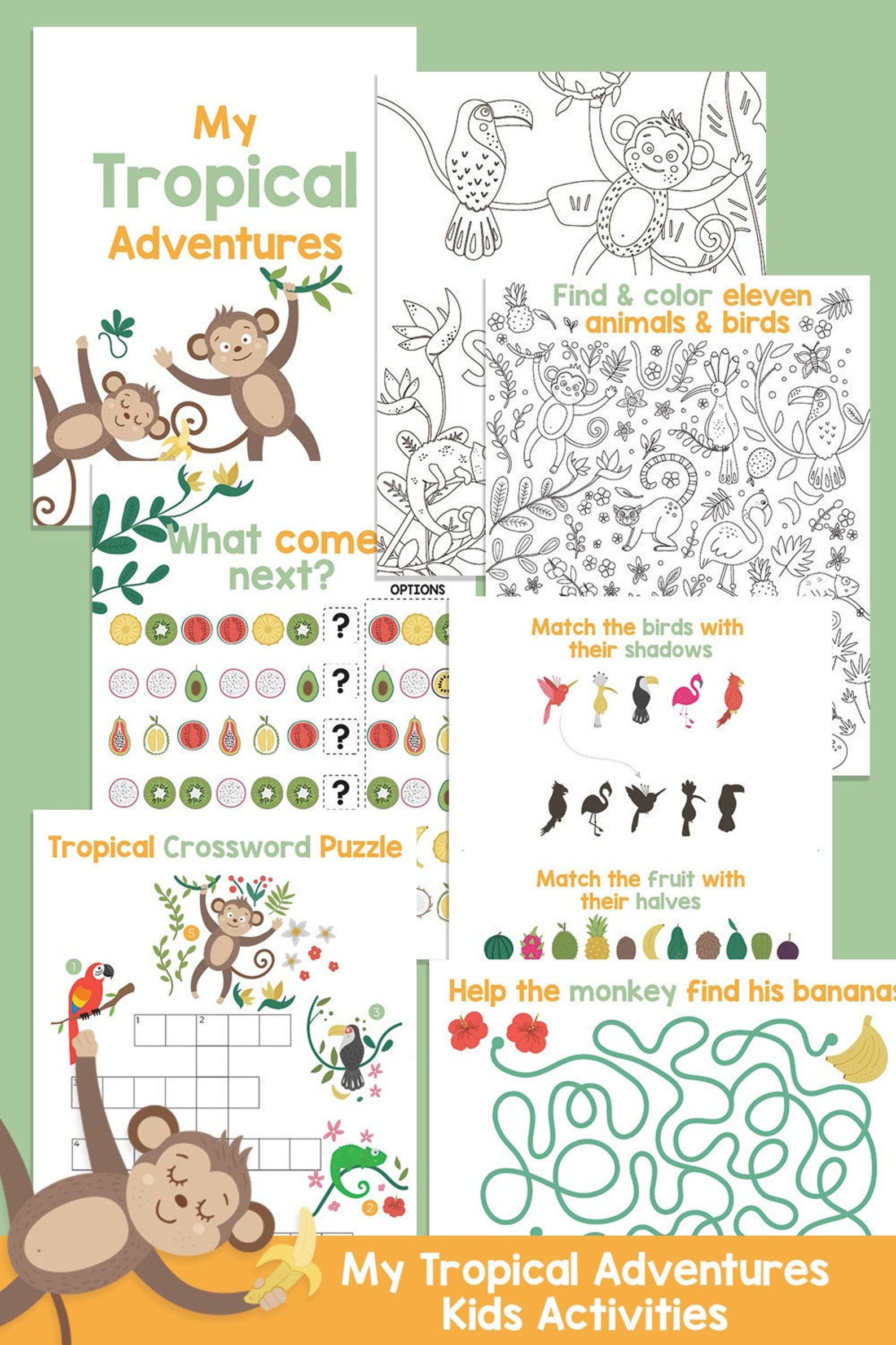 Jungle Animals Kids Activity Pack, Coloring Page Kids Jungle, Matching ...