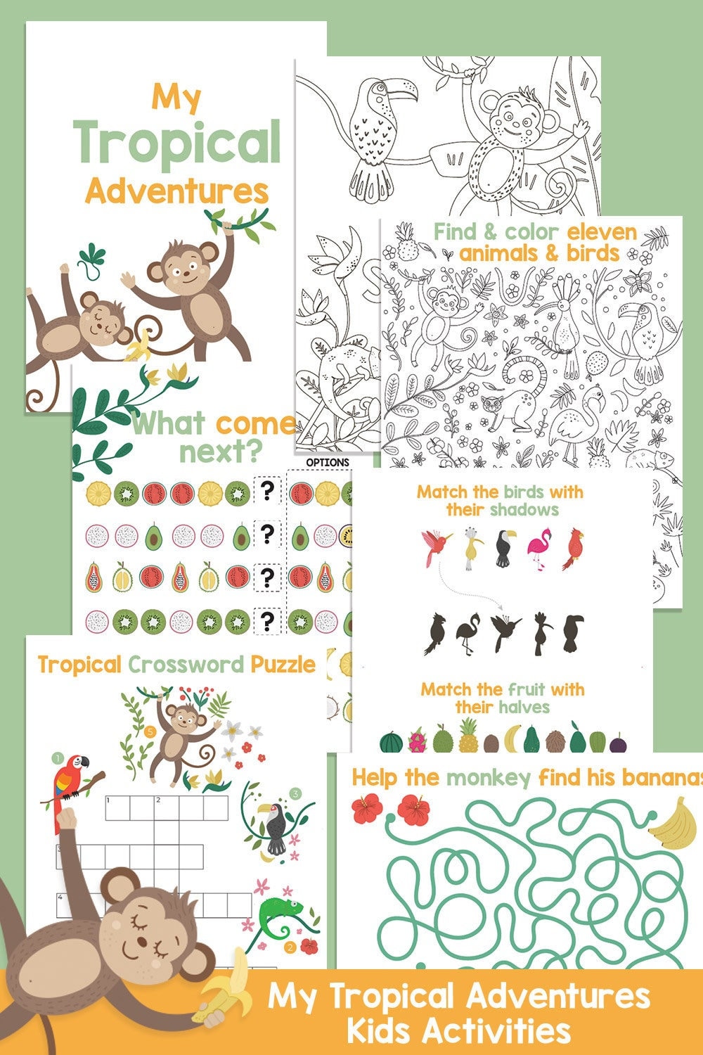Jungle Animals Kids Activity Pack Printable Coloring Page, Matching ...
