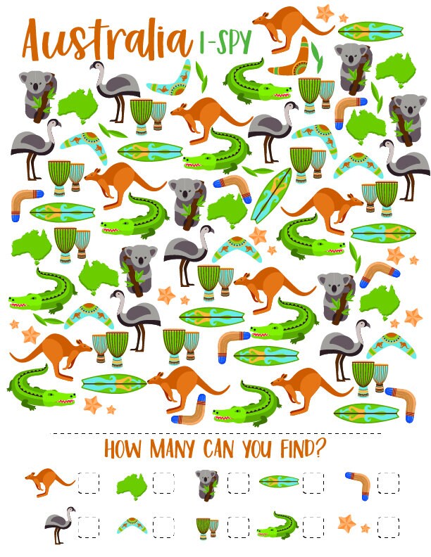 Australia Kids Activity Pack, I Spy Game, Printable Coloring Pages ...