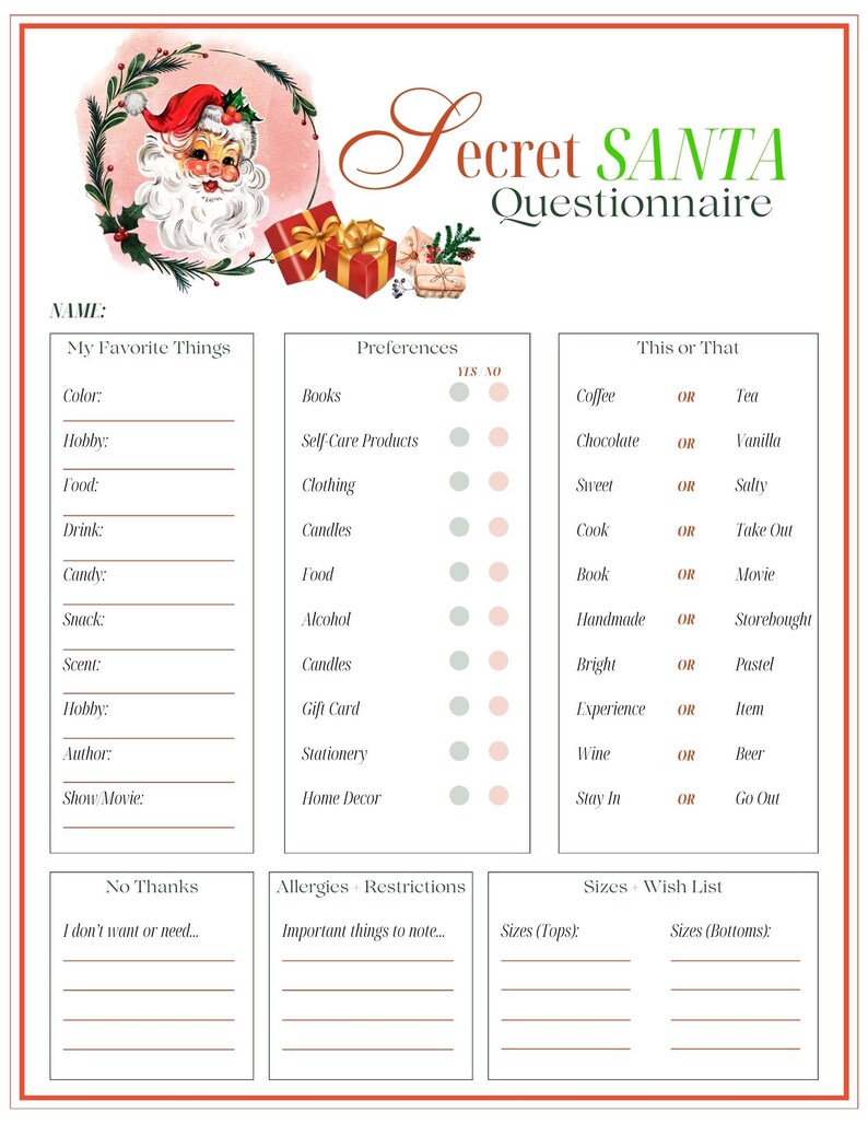 Secret Santa Wish List Printable, Retro Holiday Gift Exchange Form ...