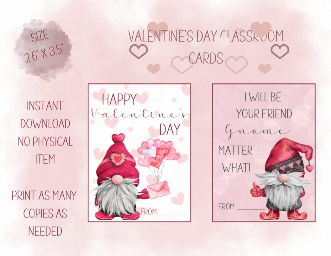 Personalized Gnome Valentine Cards, Kids Valentine Cards, Printable ...