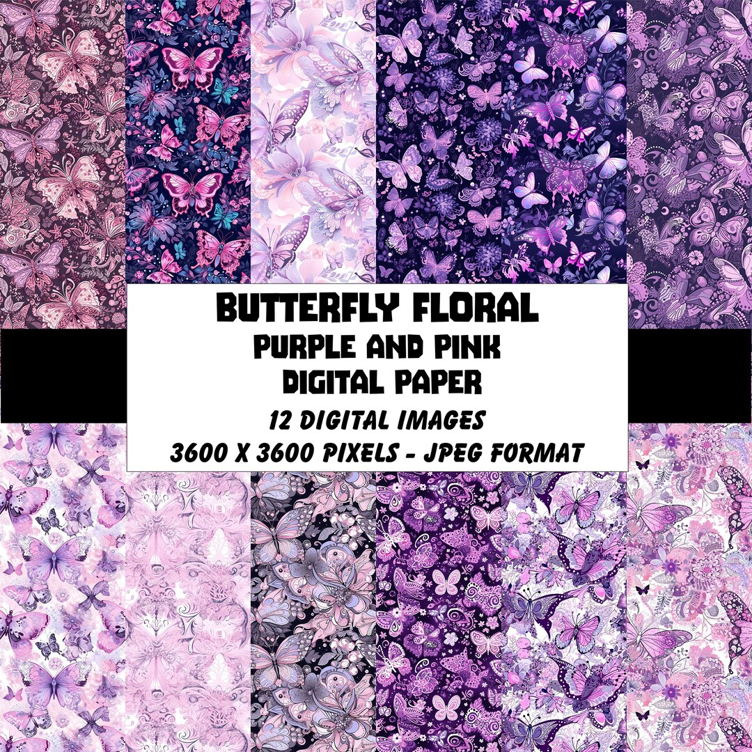 Butterfly Floral Digital Paper Purple & Pink - Seamless for Scrapbook ...