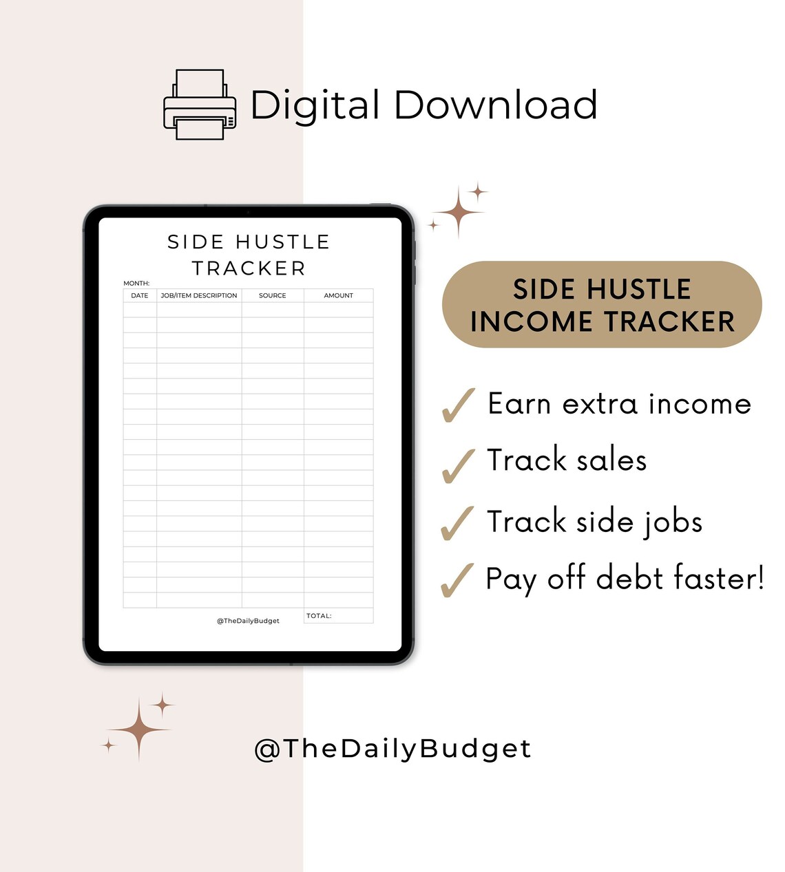 Side Hustle Income Printable Template | Small Business Income Tracker ...