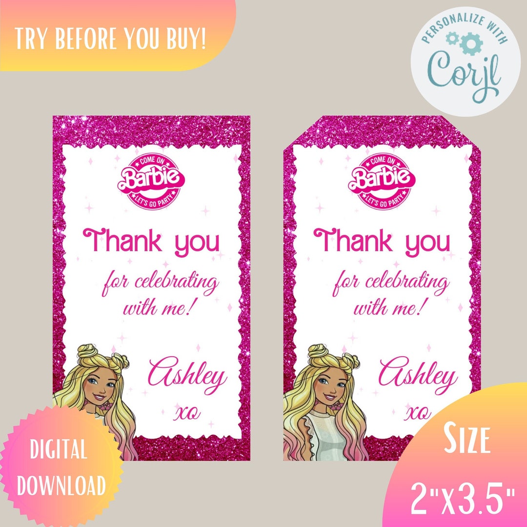 EDITABLE Barbie Inspired Thank You Tags Barbie Party Instant Download ...
