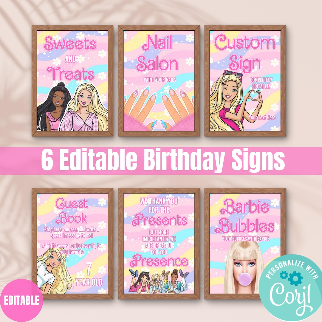 EDITABLE Pink Doll Flower Party Signs | Doll Theme | Birthday Signs ...