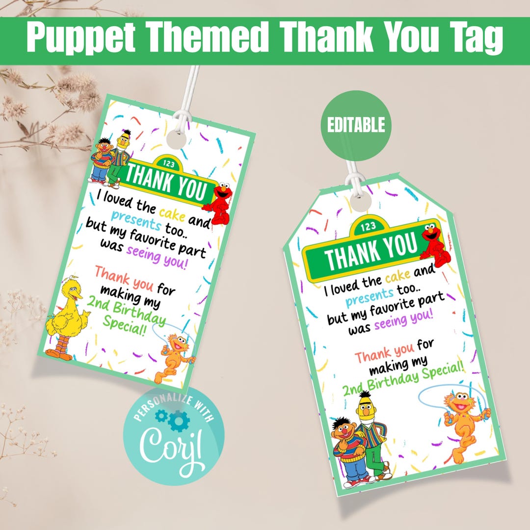 EDITABLE Puppet Rectangle Tag | Thank You Tags | Party Favors | DIGITAL ...