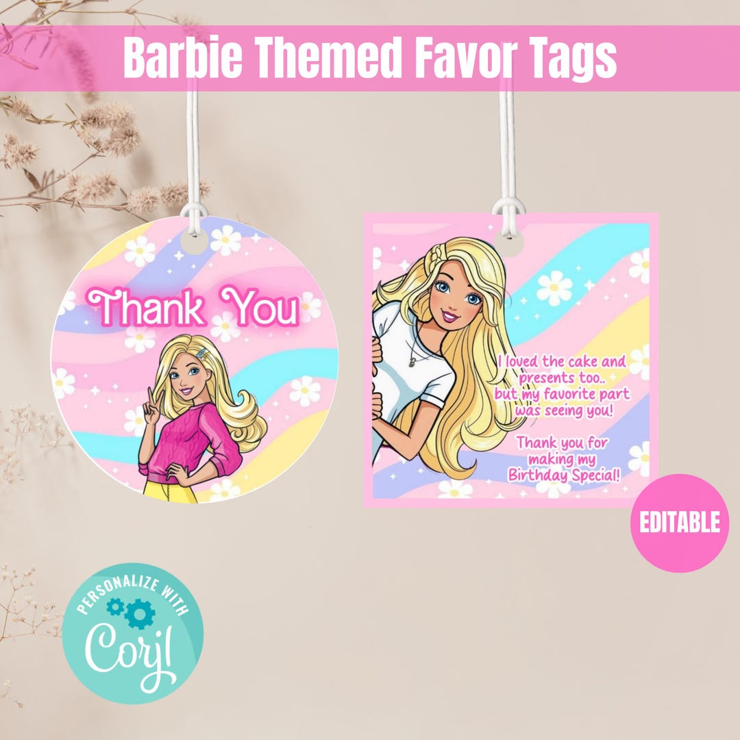 EDITABLE Barbi Themed Circle & Square Tag | Barbi Theme | Thank You ...