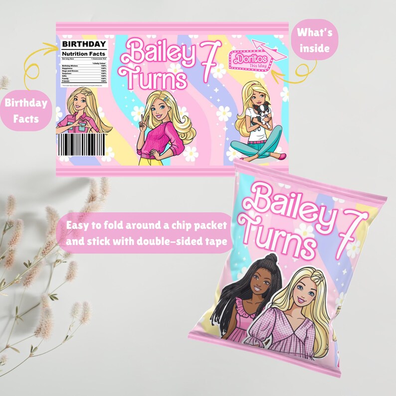 EDITABLE Pink Doll Flower Themed Chip Packet | Doll Theme | Chip Packet ...