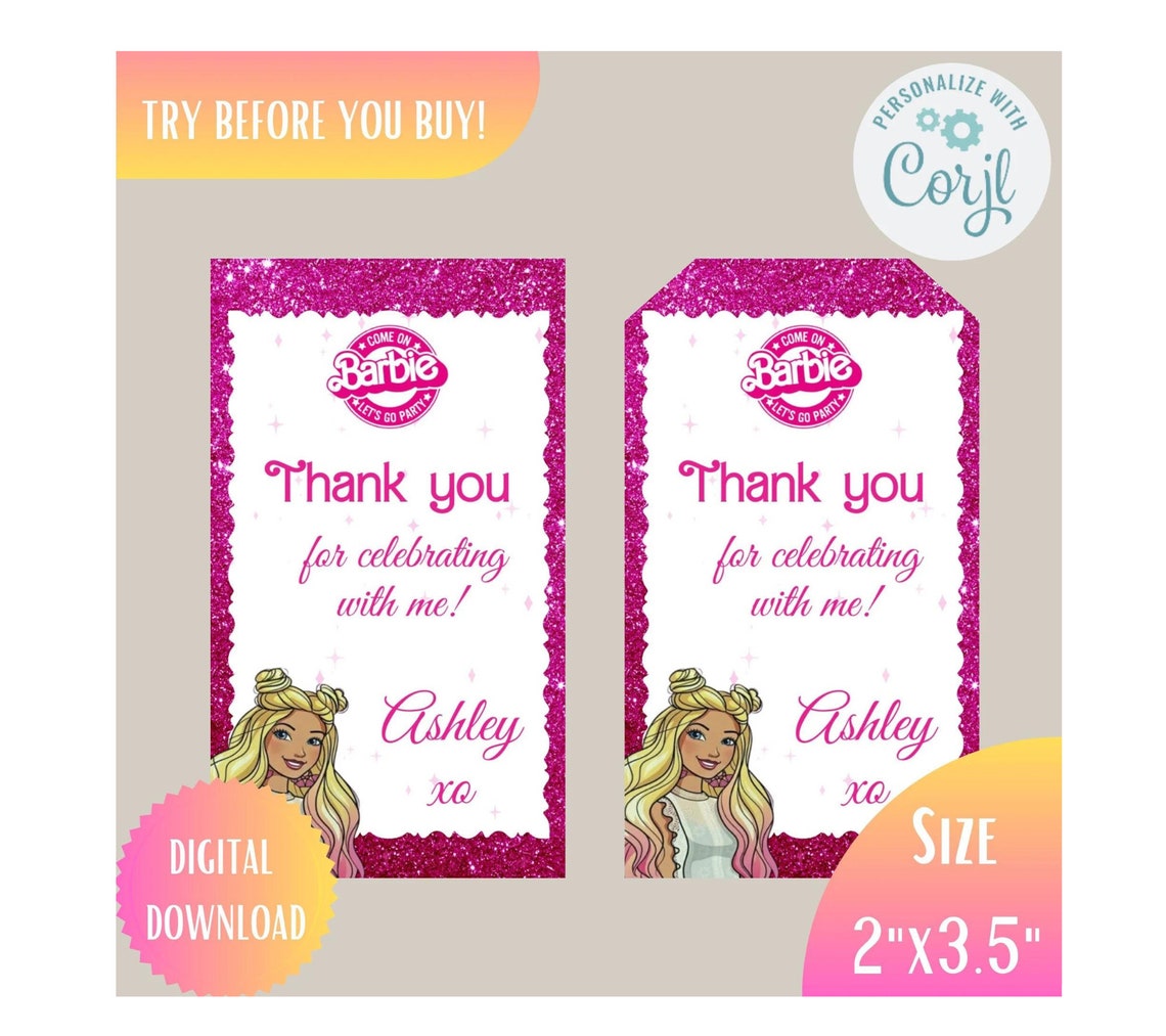 EDITABLE Pink Sparkle Doll Thank You Tags - Etsy