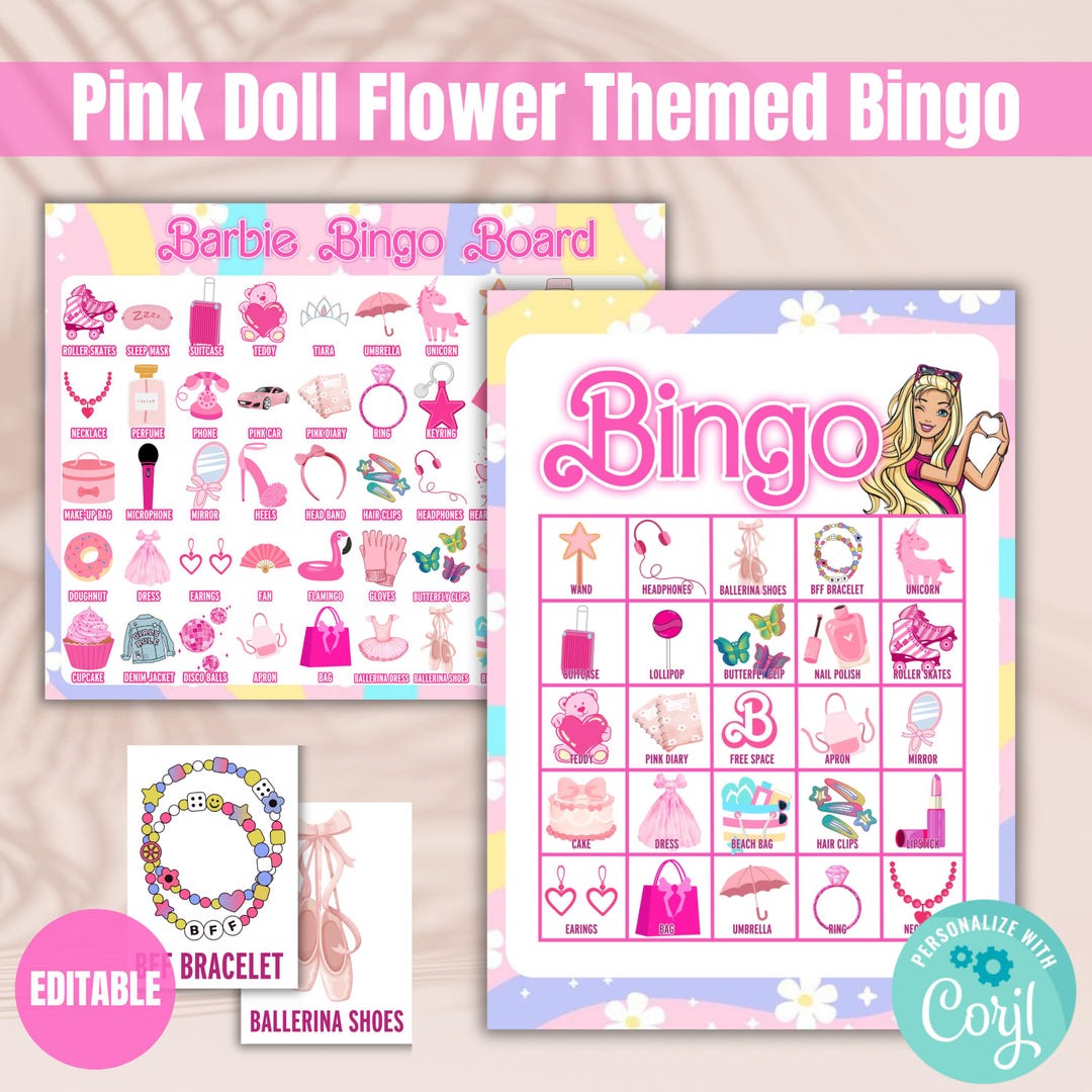 EDITABLE Pink Doll Flower Themed Bingo | Doll Theme | Birthday Bingo ...