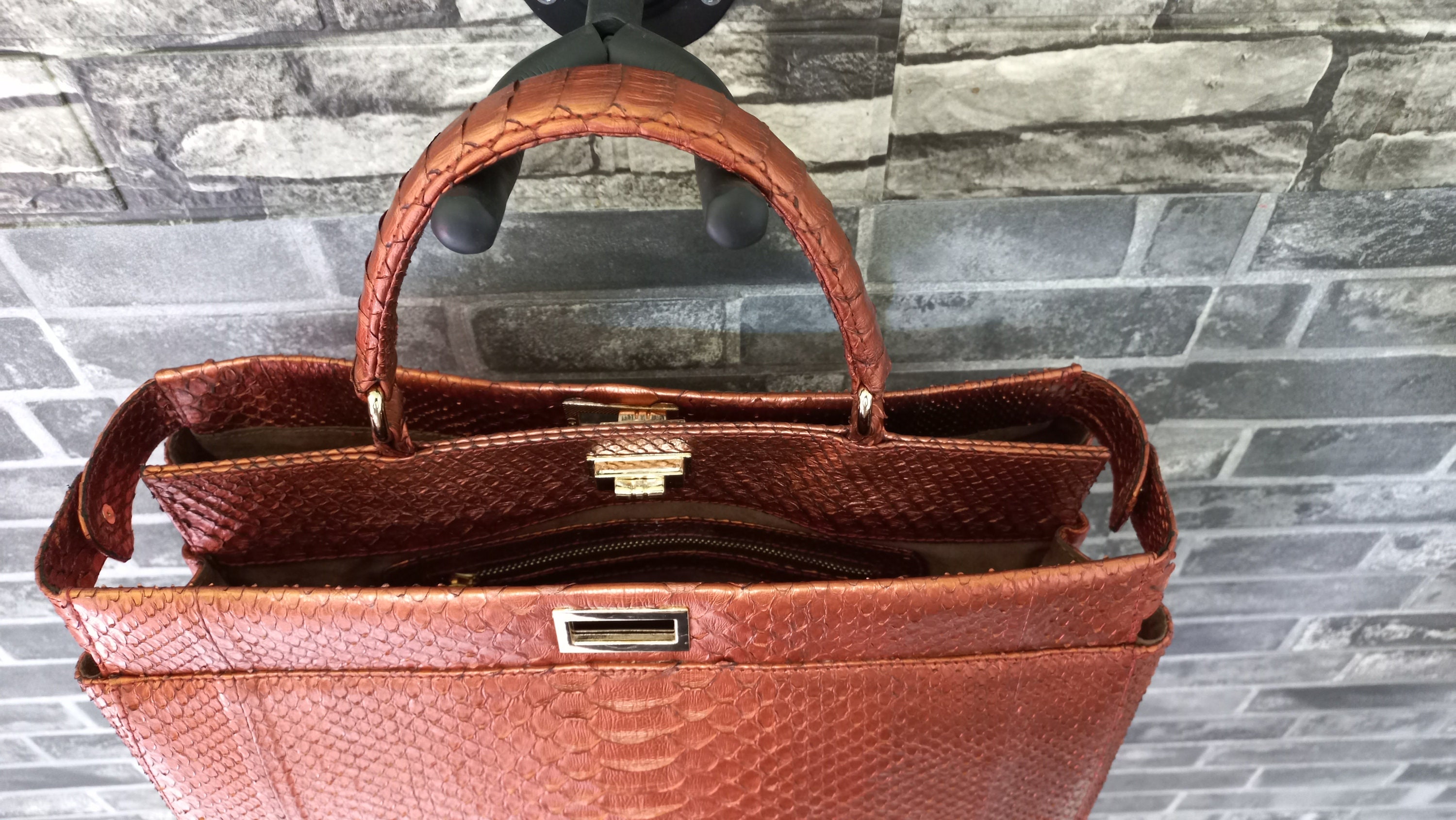Brown Copper Genuine Python Top Handle Bag, Snake Skin Handbag, Exotic ...