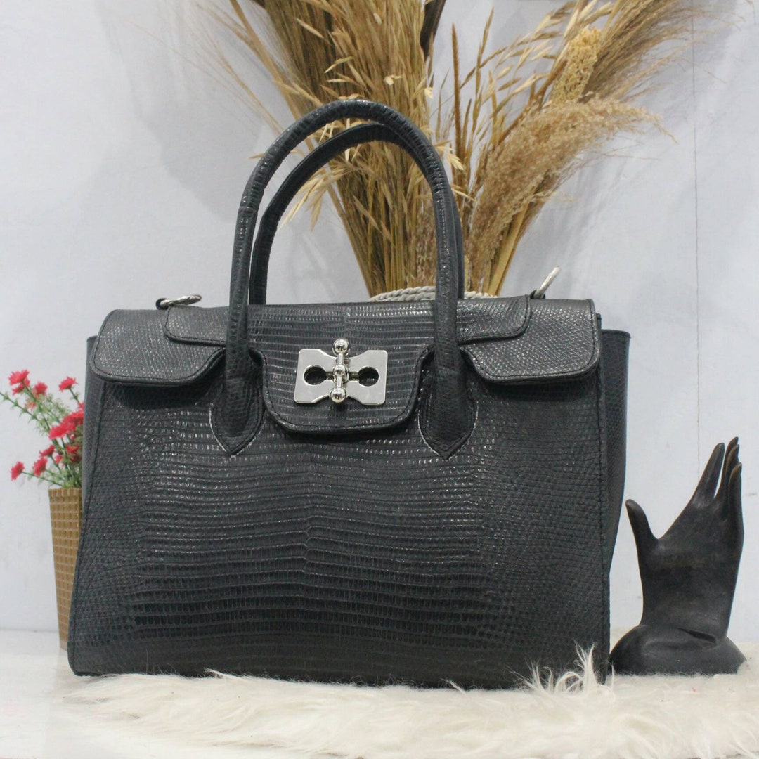 Black Lizard Top Handle Bag,lizard Handbag,lizard Skin Purse,genuine ...