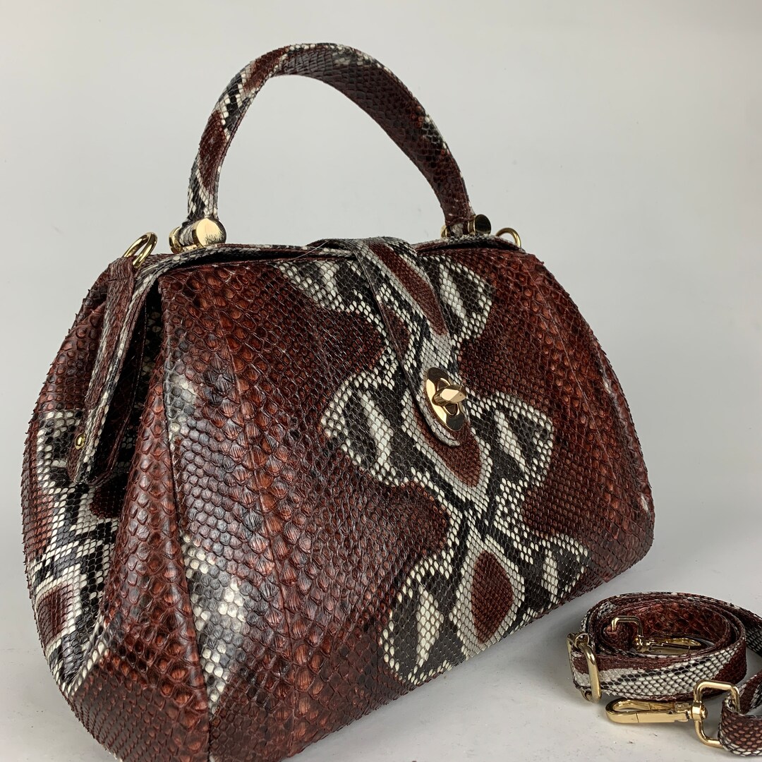 16in Brown Genuine Python Top Handle Bag, Snake Skin Handbag, Exotic ...