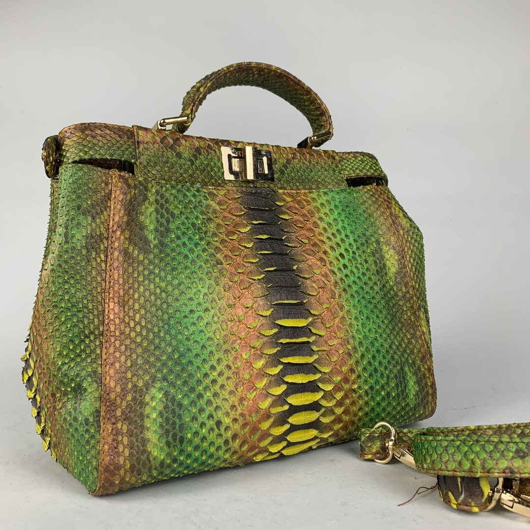 Green Genuine Python Top Handle Bag, Snake Skin Handbag, Exotic Leather ...
