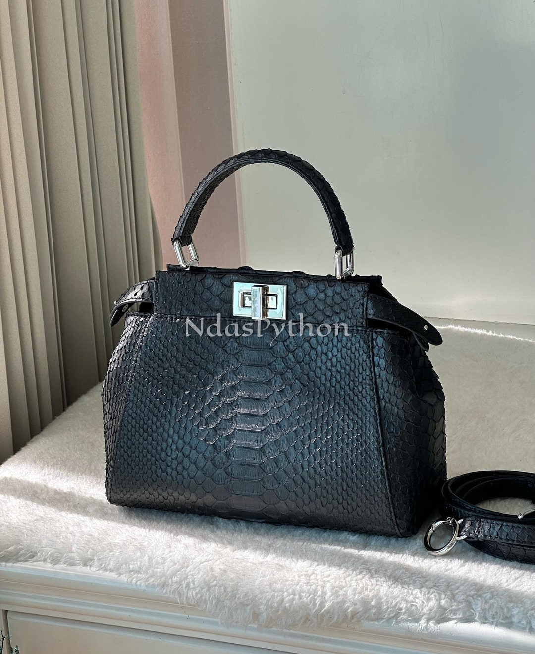 70%-off for Bulk Order, DM! Black Genuine Python Top Handle Bag, Real ...