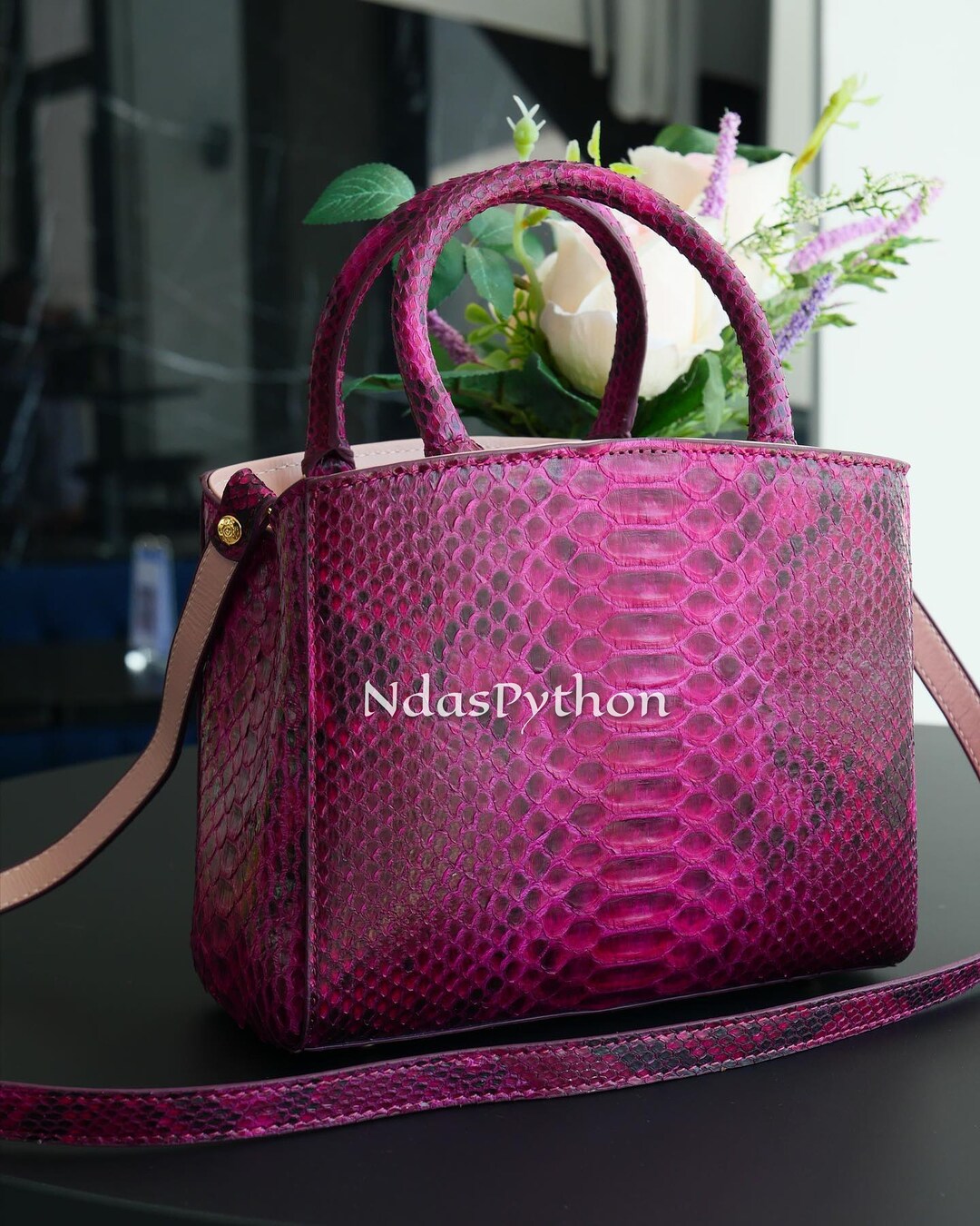 Purple Genuine Python Top Handle Bag, Real Snake Skin, Natural Python ...