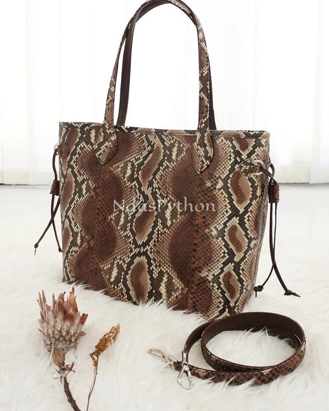 16in Brown Genuine Python Top Handle Bag, Real Snake Skin, Natural ...