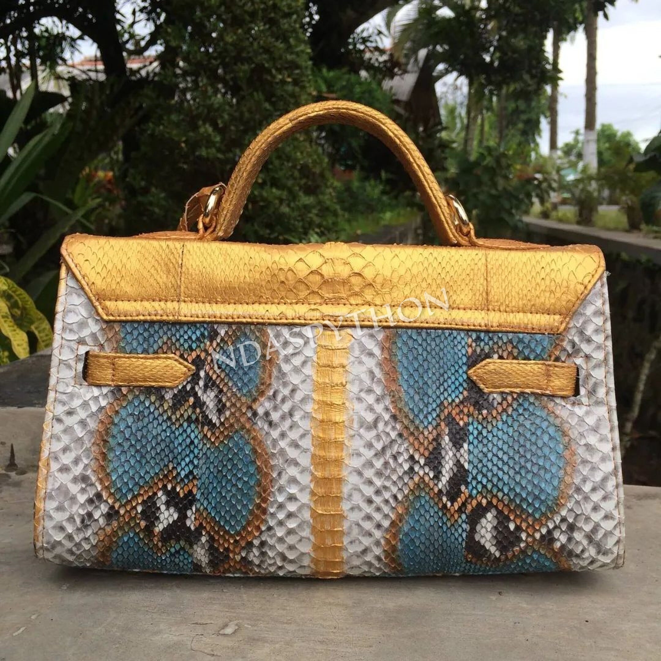Gold and Blue Genuine Python Top Handle Bag, Python Skin Handbag ...