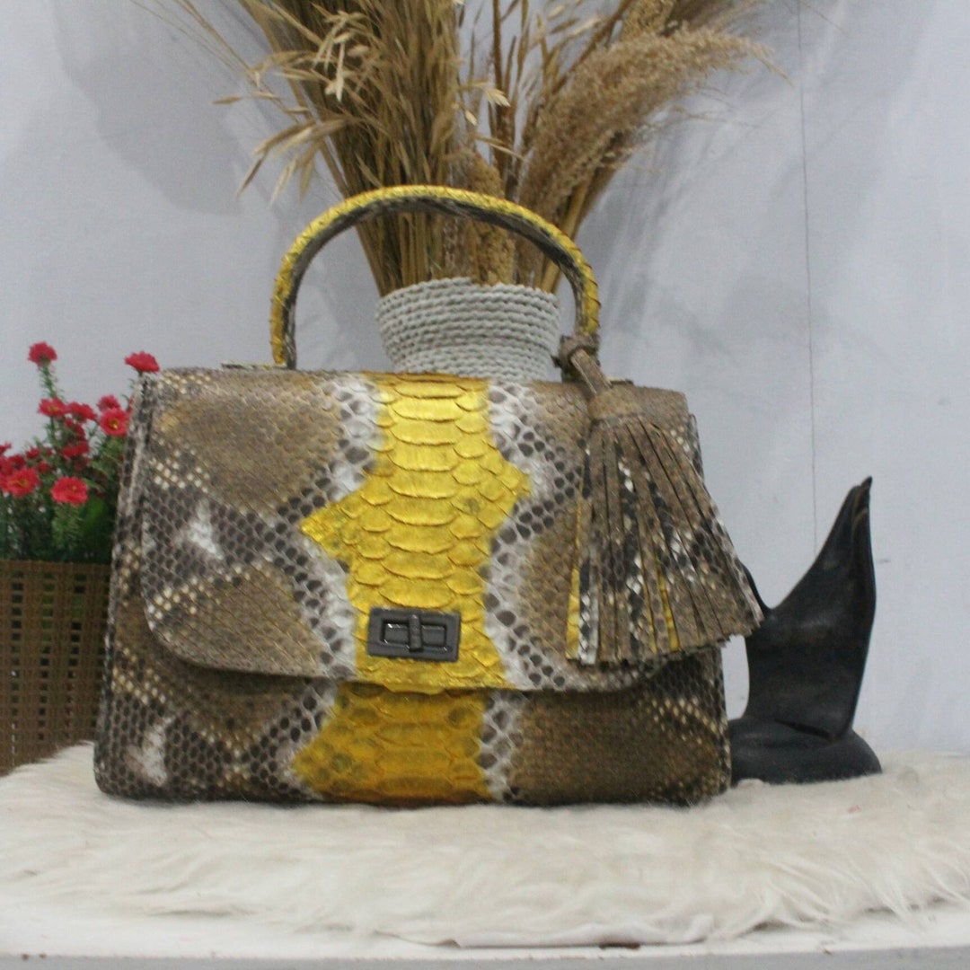 Yellow and Brown Exotic Genuine Python Top Handle Bag, Python Handbag ...