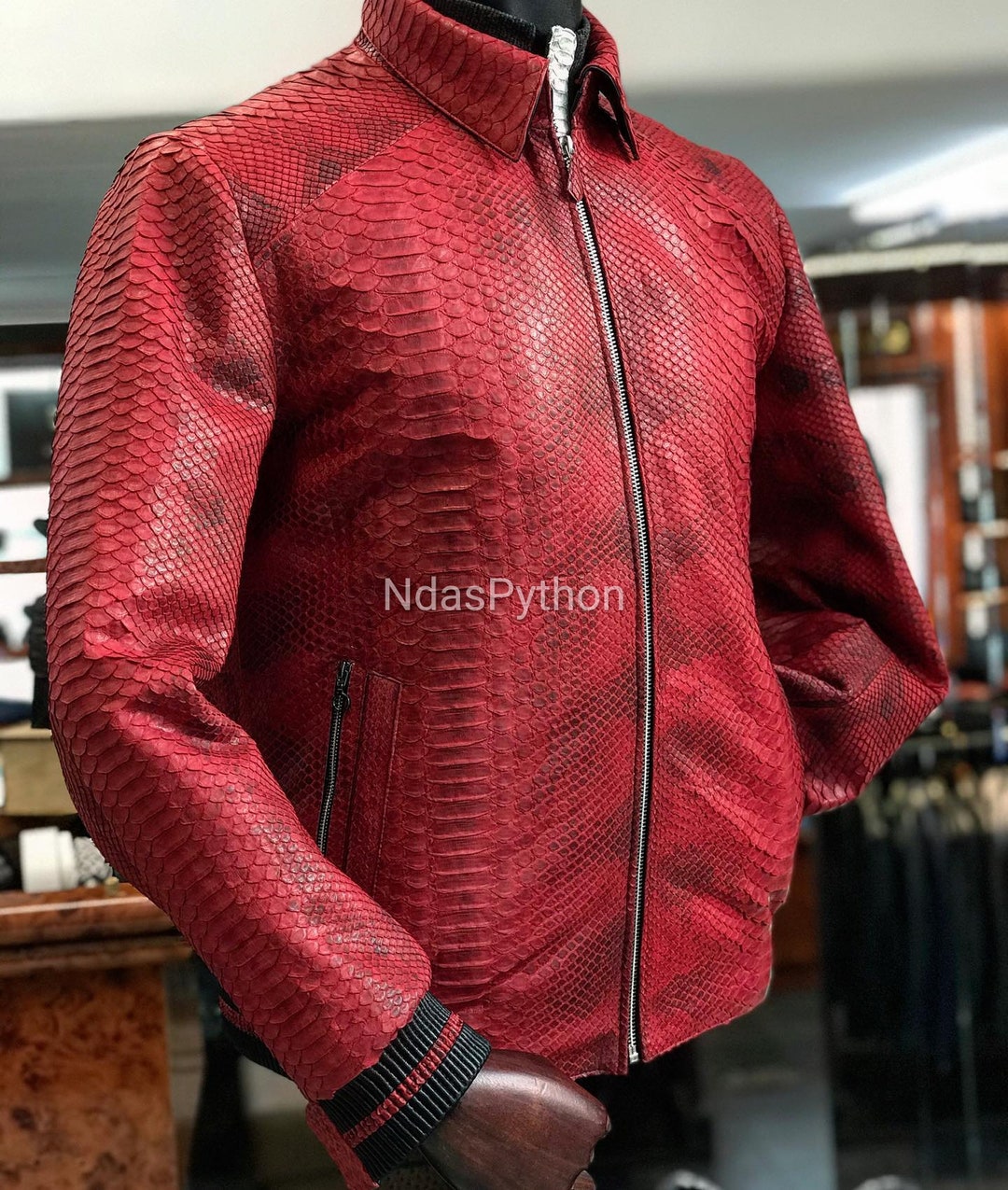 70%-off for Bulk Order, DM! Red Exotic Genuine Python Jacket, Real ...