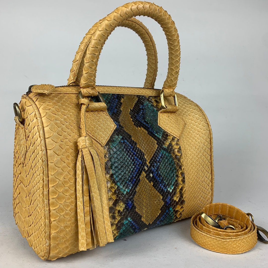 Yellow Genuine Python Top Handle Bag, Snake Skin Handbag, Exotic ...