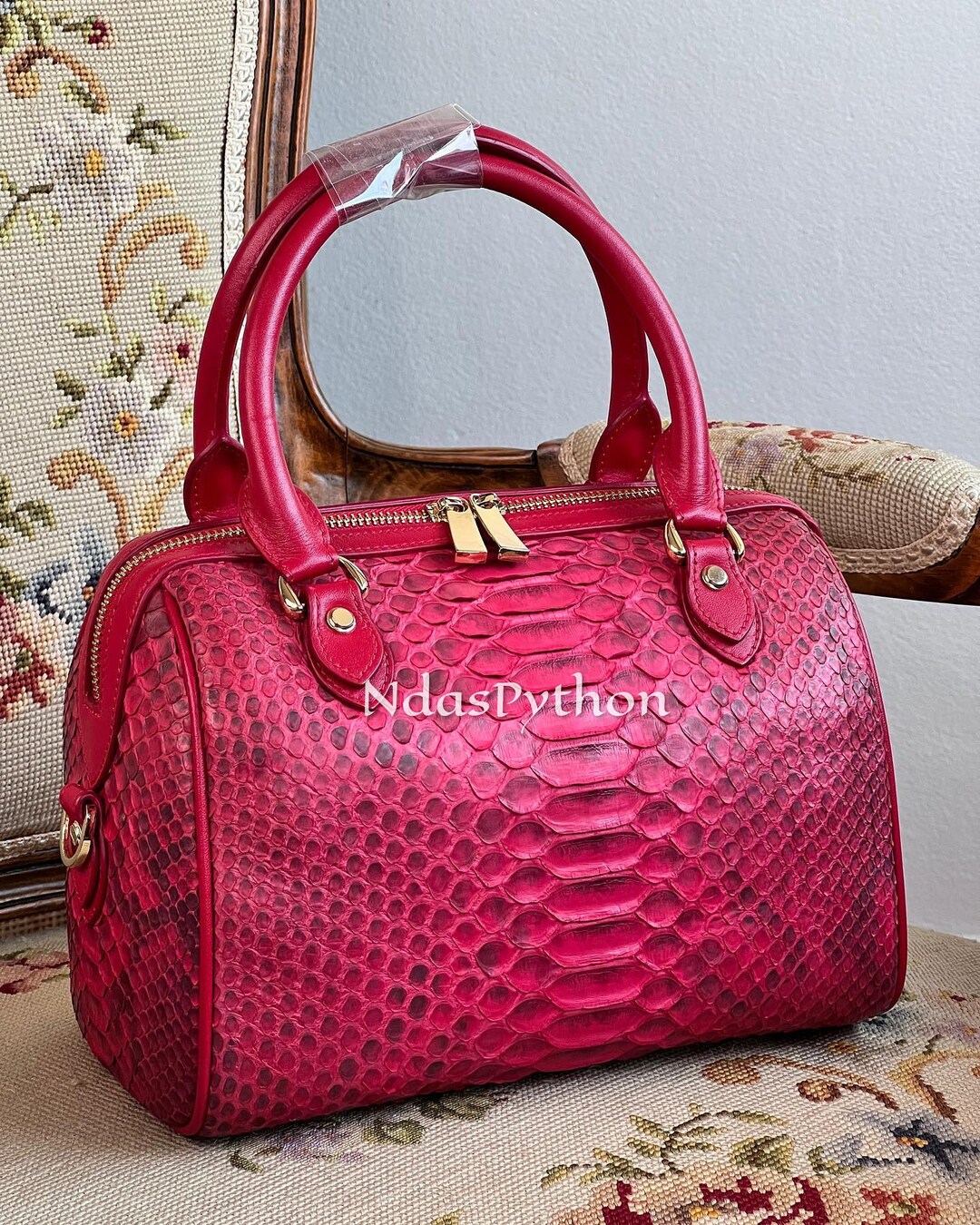 Red Genuine Python Top Handle Bag, Real Snake Skin, Natural Python Skin, Genuine Python Bag ...