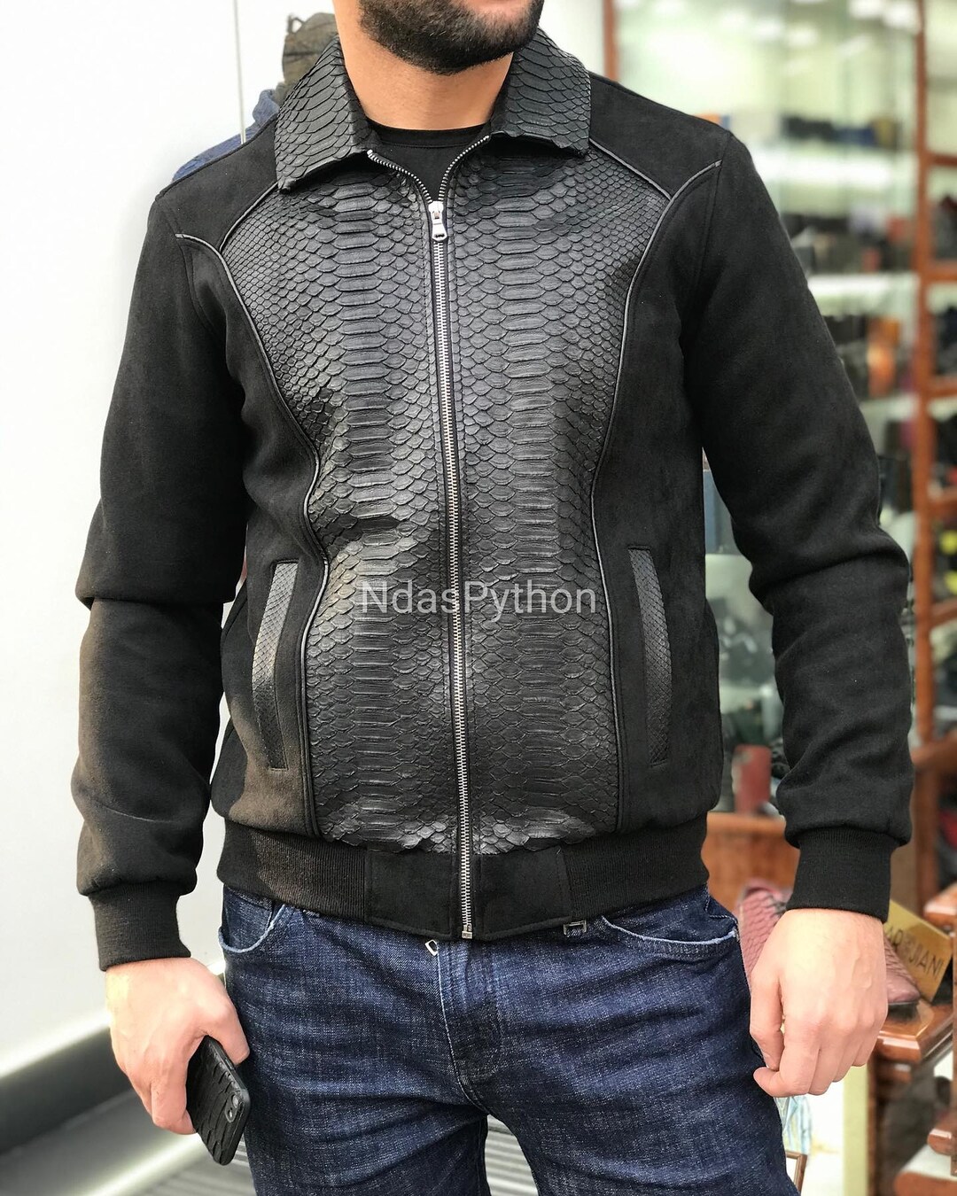 Black Exotic Genuine Python Jacket, Real Snake Skin, Snake Skin Jacket ...