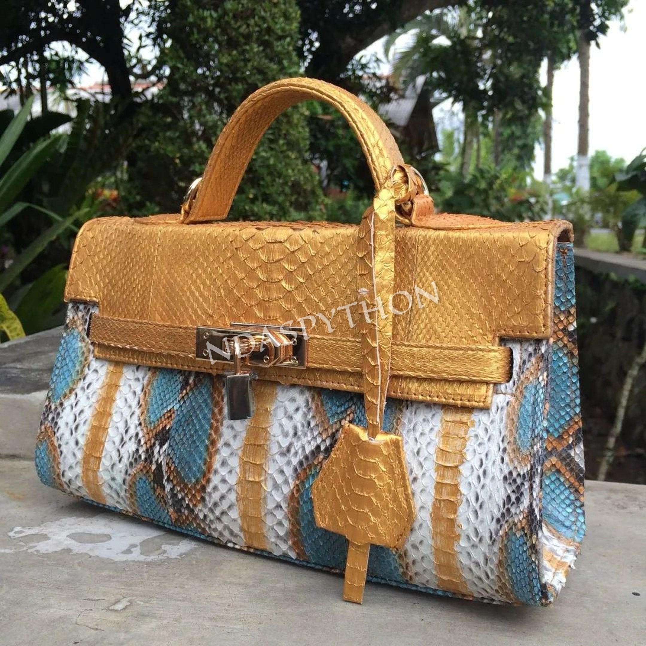Gold and Blue Genuine Python Top Handle Bag, Python Skin Handbag ...