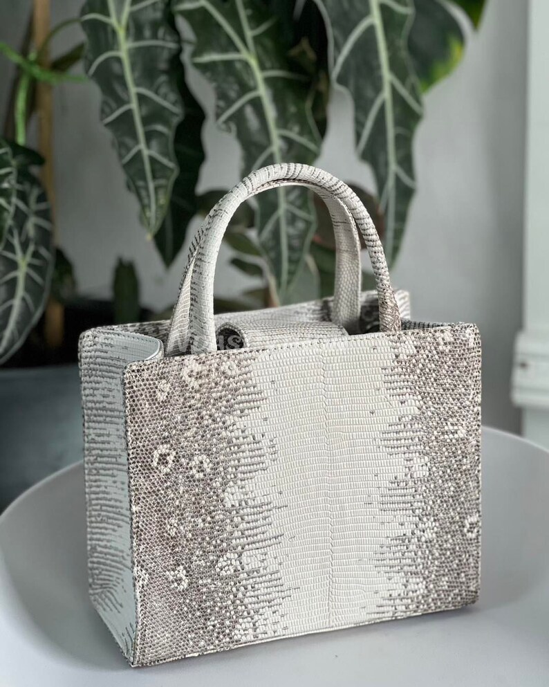 White Genuine Lizard Top Handle Bag, Real Lizard Skin, Natural Lizard ...