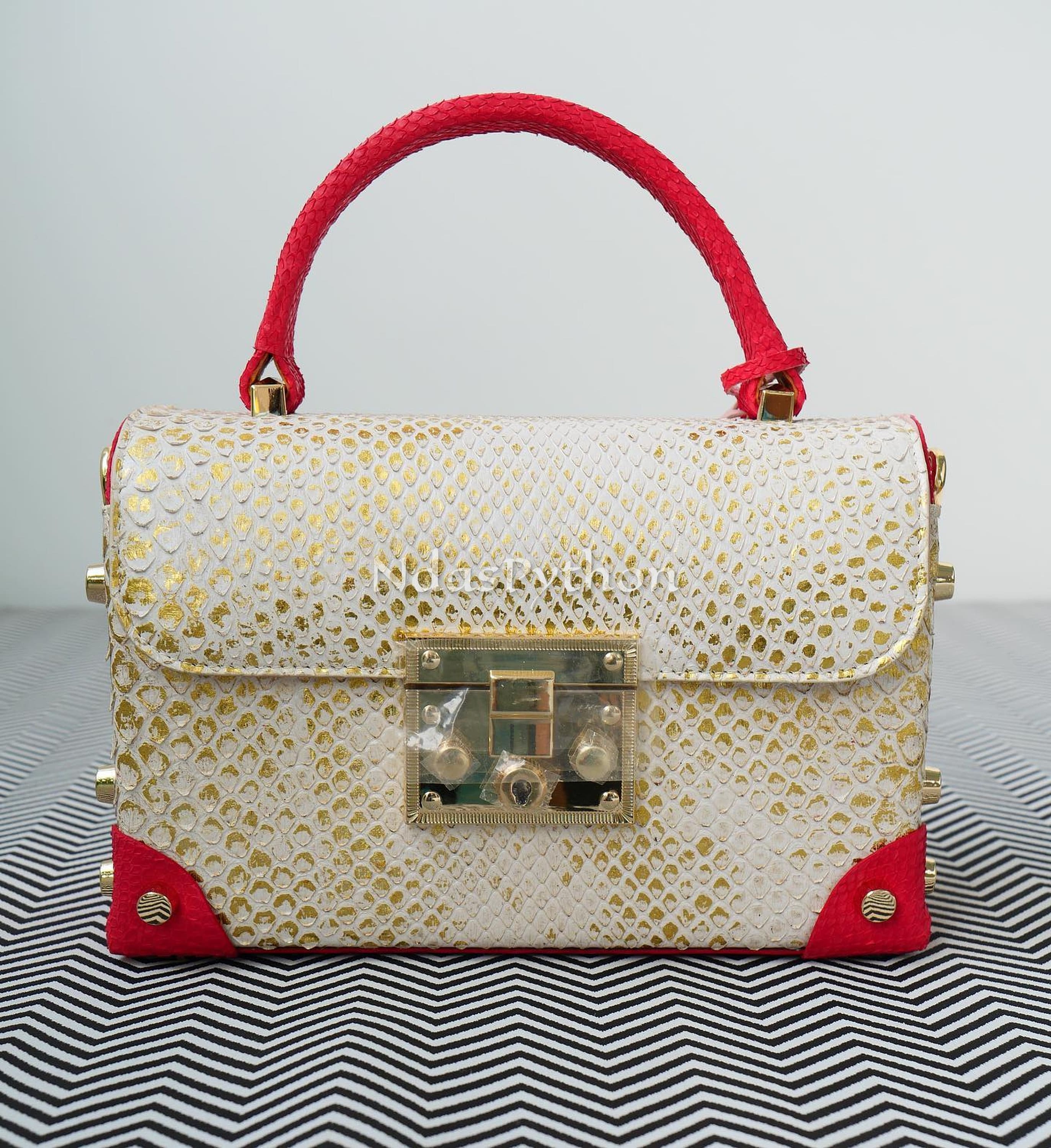White and Red Genuine Lizard Top Handle Bag, Real Lizard Skin, Natural ...