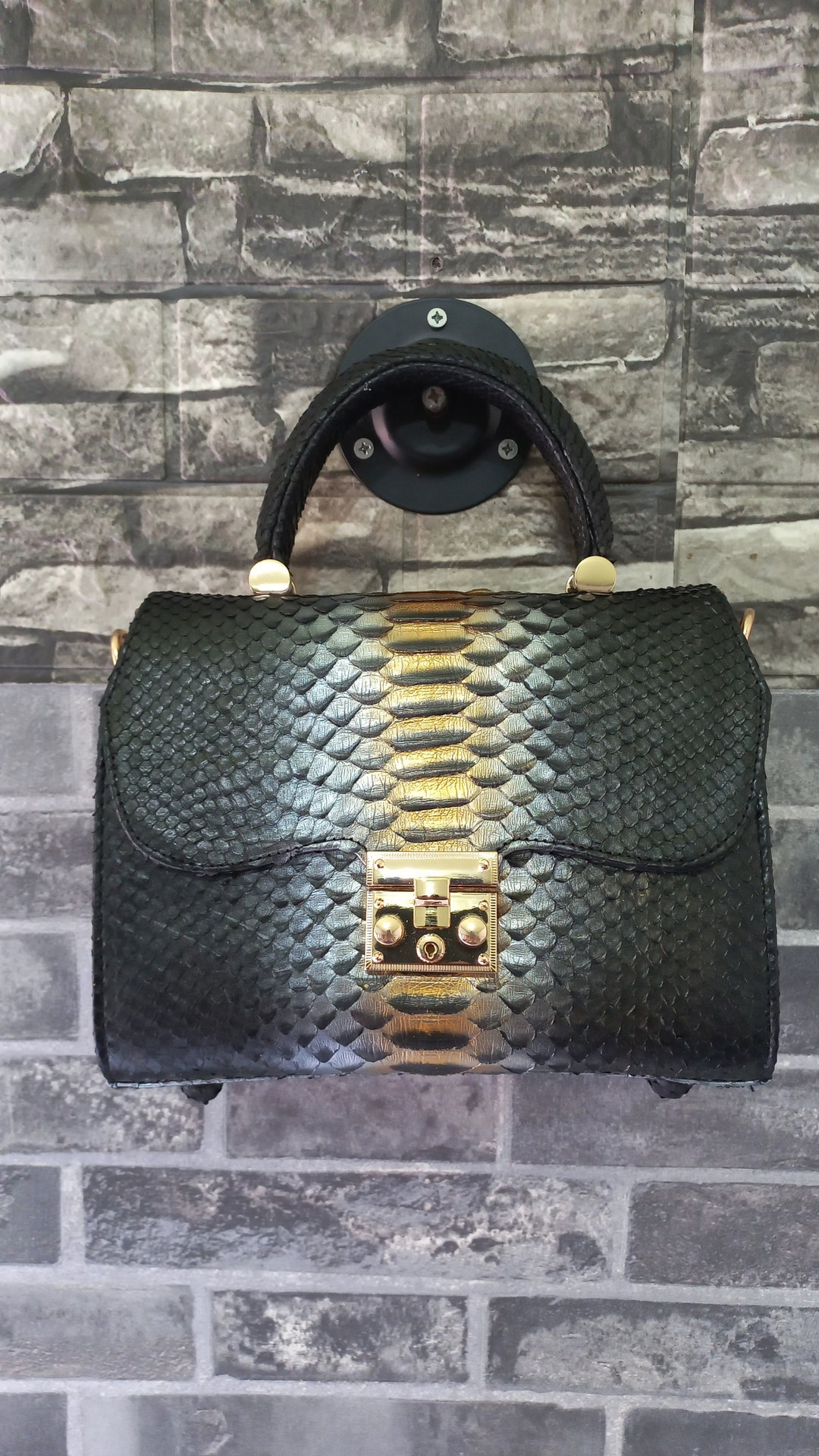 70%off for Bulk Order, DM Black and Gold Genuine Python Top Handle Bag ...