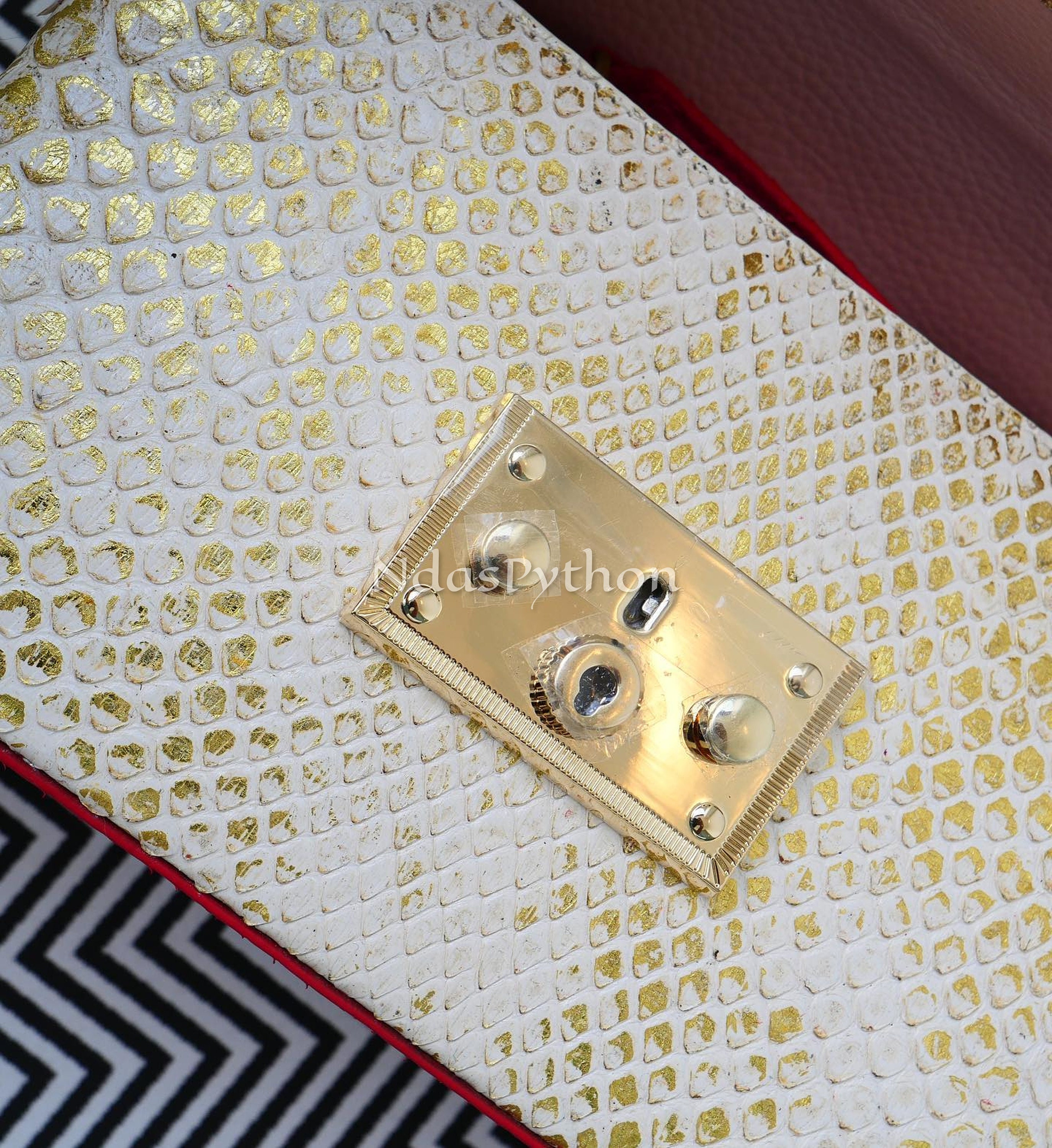 White and Red Genuine Lizard Top Handle Bag, Real Lizard Skin, Natural ...