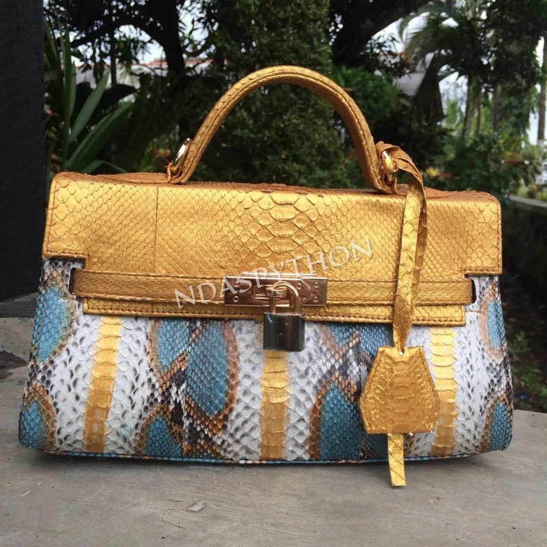 Gold and Blue Genuine Python Top Handle Bag, Python Skin Handbag ...