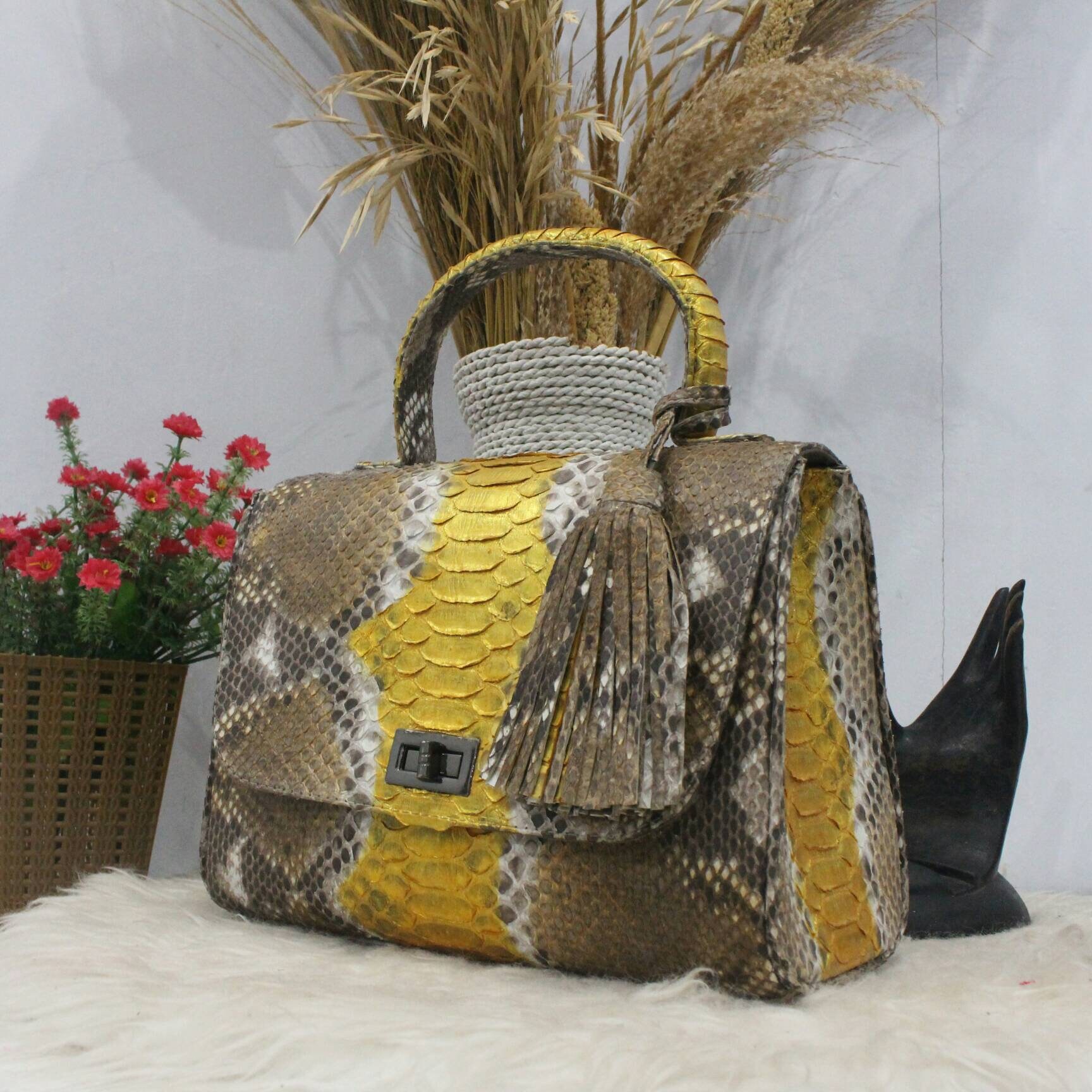 Yellow and Brown Exotic Genuine Python Top Handle Bag, Python Handbag ...