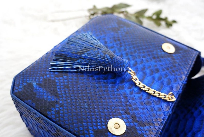 Blue Genuine Python Top Handle Bag, Real Snake Skin, Natural Python ...