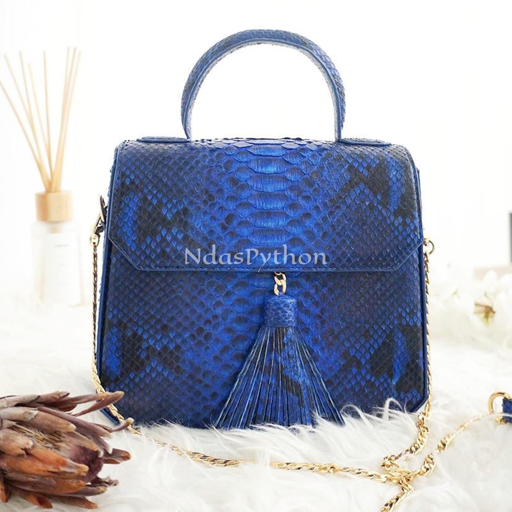 Blue Genuine Python Top Handle Bag, Real Snake Skin, Natural Python ...