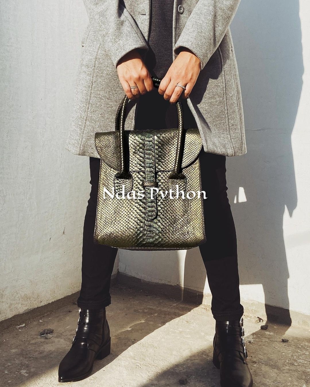 Gray Genuine Python Top Handle Bag, Snake Skin Handbag, Exotic Leather ...