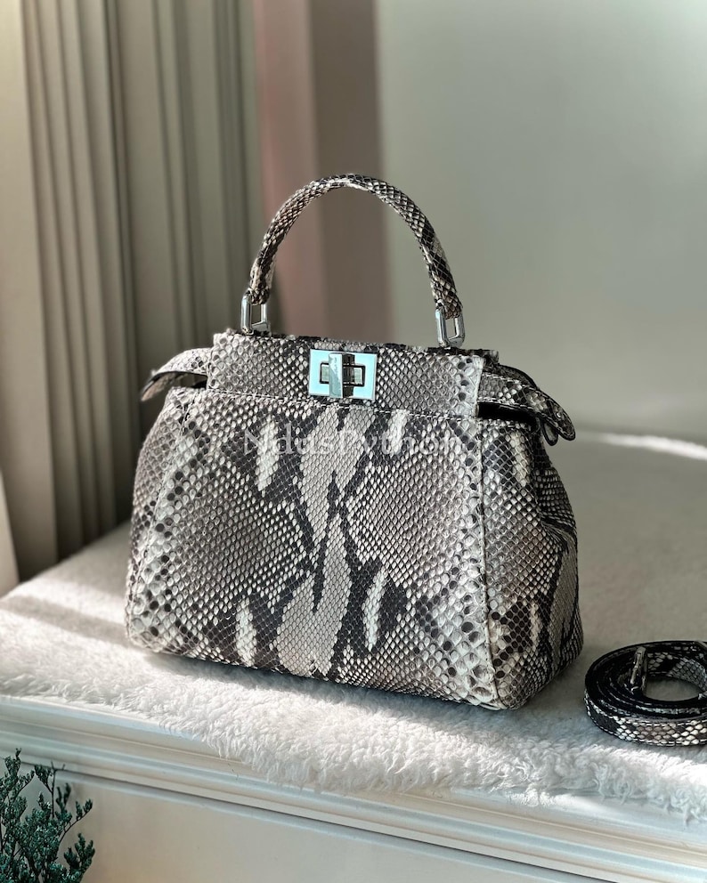 Gray Genuine Python Top Handle Bag, Real Snake Skin, Natural Python ...