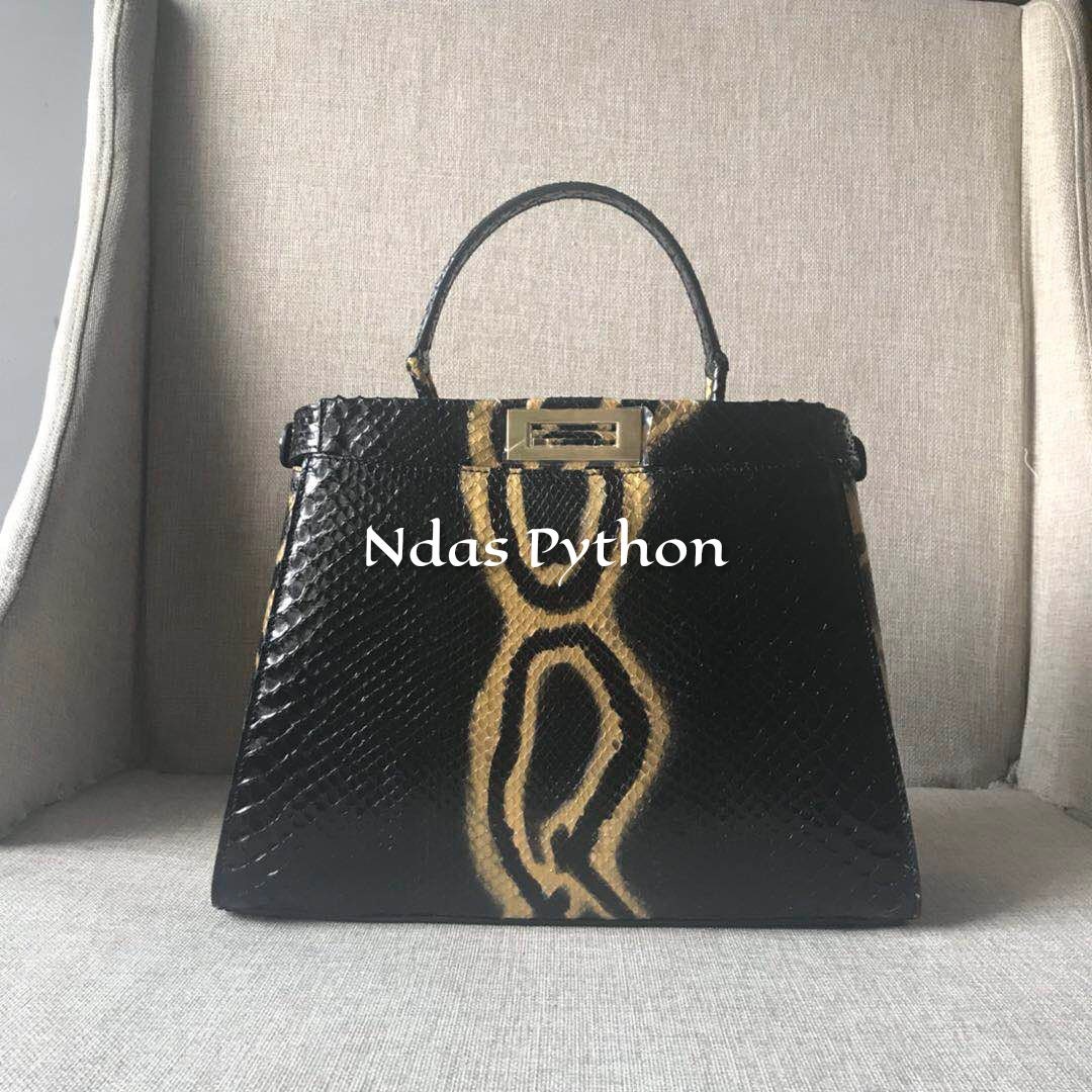 Black and Gold Genuine Python Top Handle Bag, Snake Skin Handbag ...