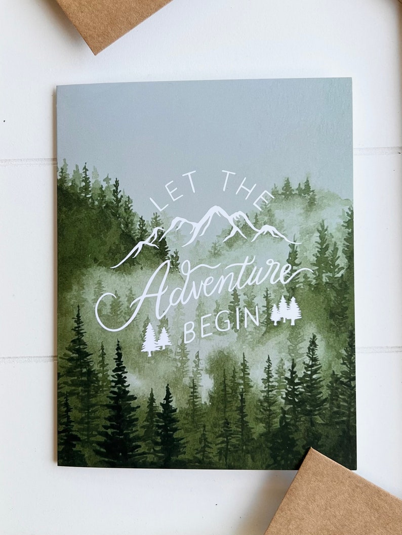 Let the Adventure Begin Card | Watercolor Forest and Mountains ...