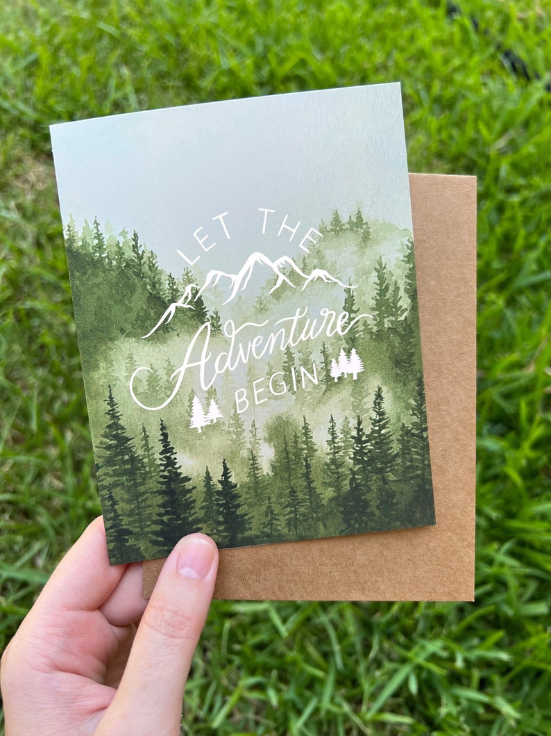 Let the Adventure Begin Card | Watercolor Forest and Mountains ...
