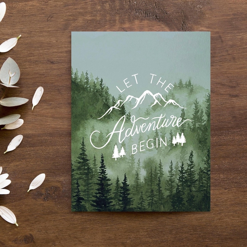 Let the Adventure Begin Card | Watercolor Forest and Mountains ...