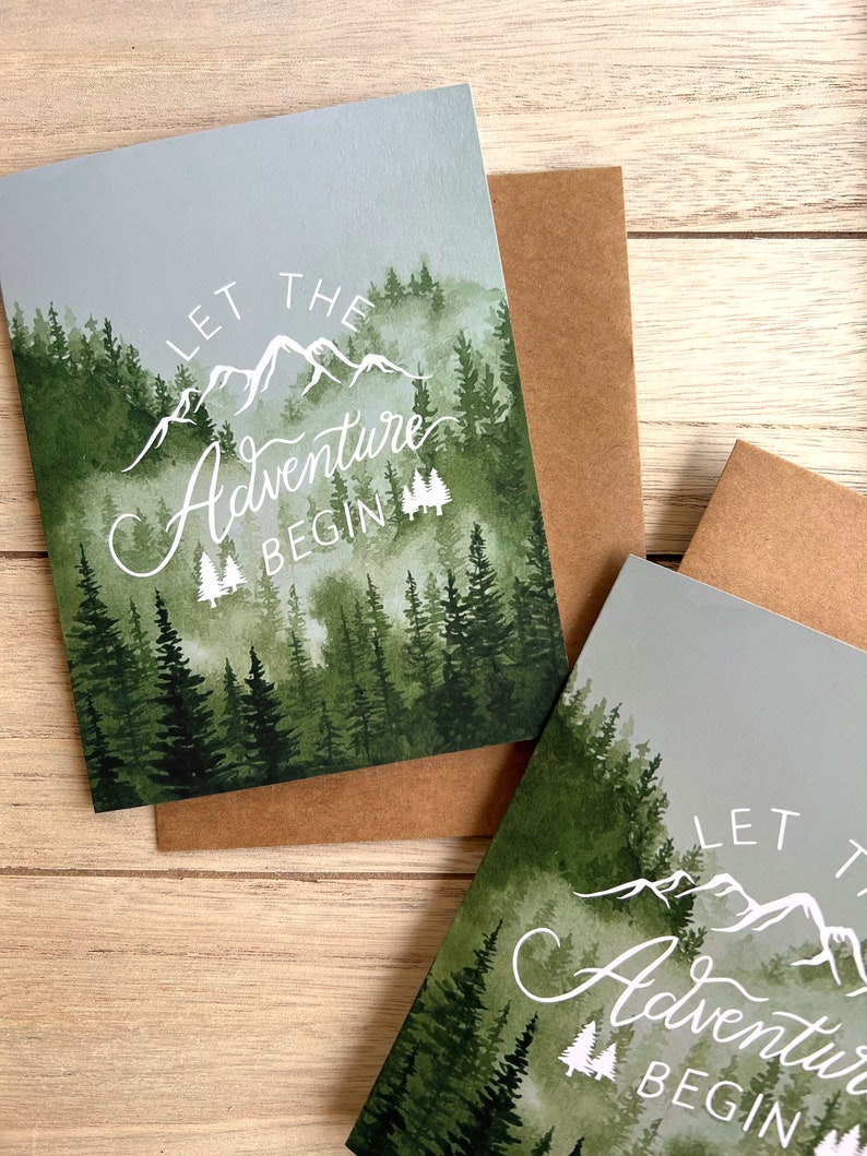 Let the Adventure Begin Card | Watercolor Forest and Mountains ...