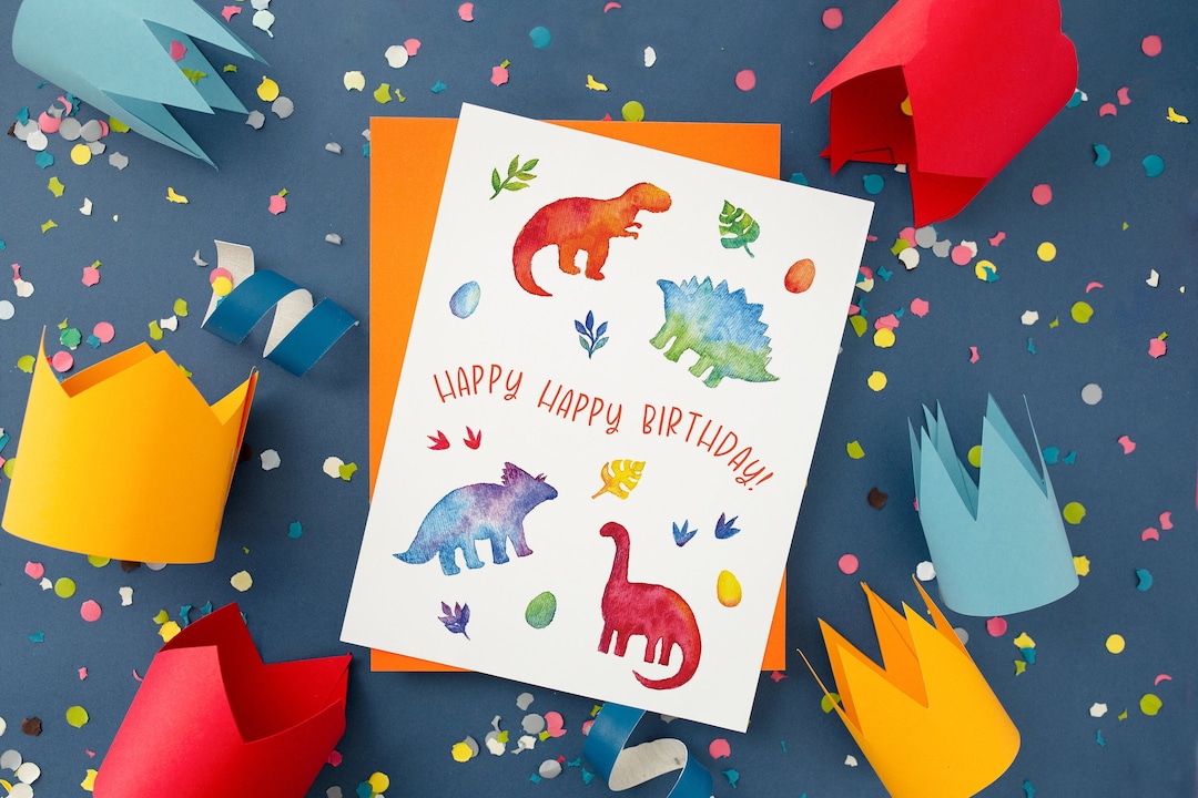 Dinosaur Happy Birthday Card | Colorful Kids Birthday Card | Watercolor ...
