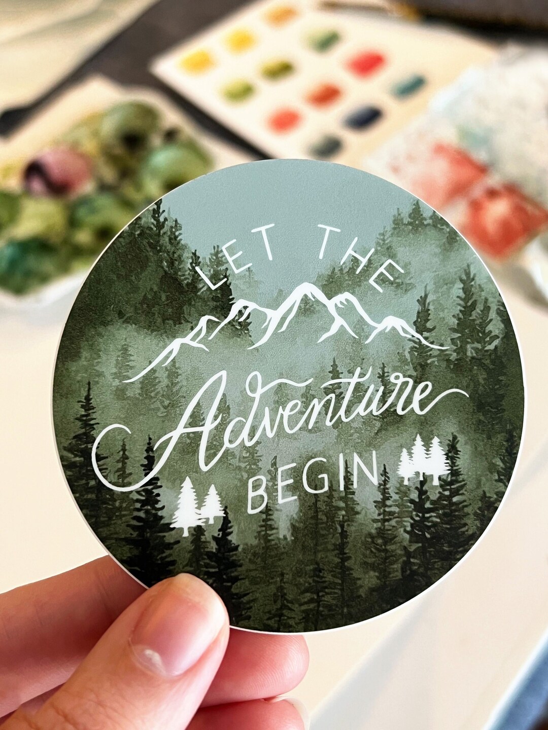 Let the Adventure Begin Watercolor Sticker Green Trees and - Etsy