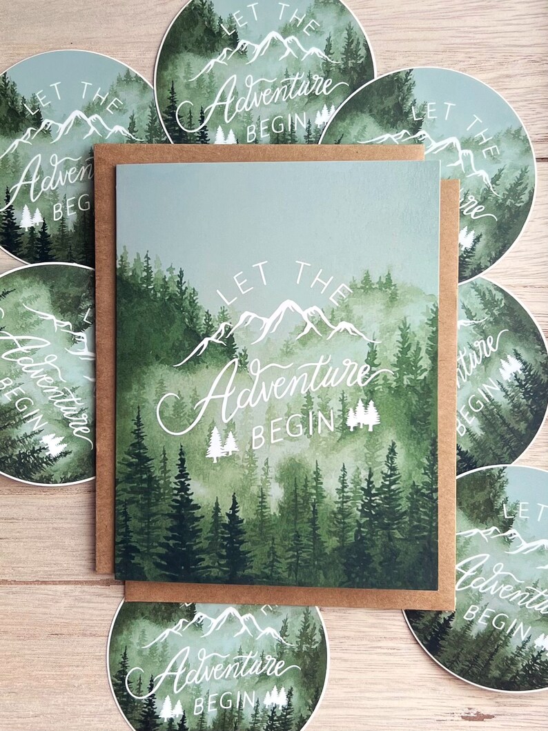 Let the Adventure Begin Card | Watercolor Forest and Mountains ...