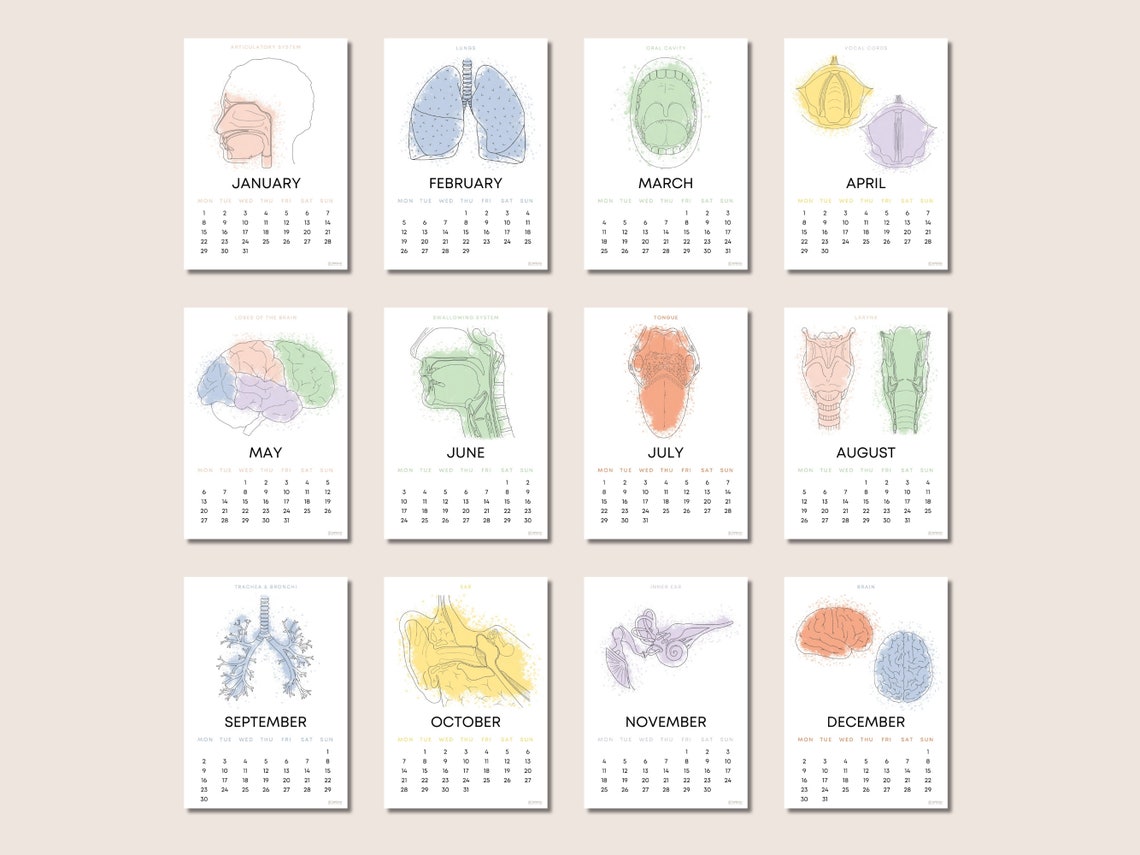 2024 Speech Pathology Calendar Printable Vertical A4 Letter A3 A5 PDF ...