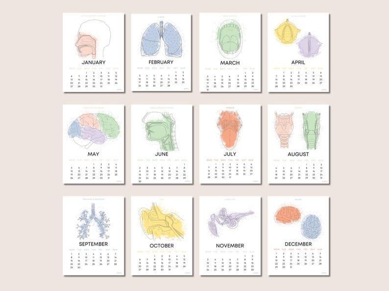 2025 SLP Calendar Printable | Speech Therapy Anatomy Art (PDF) - Etsy