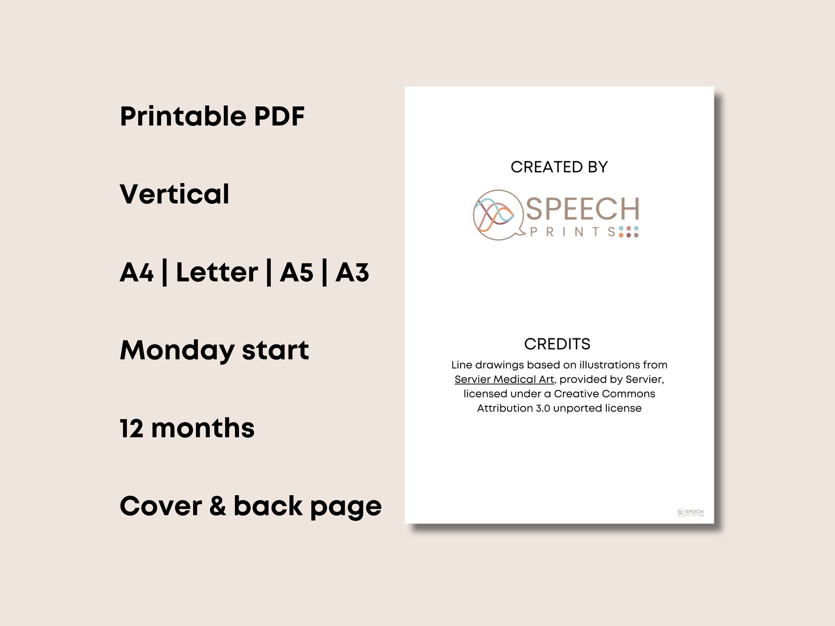 2024 Speech Pathology Calendar Printable Vertical A4 Letter A3 A5 PDF ...