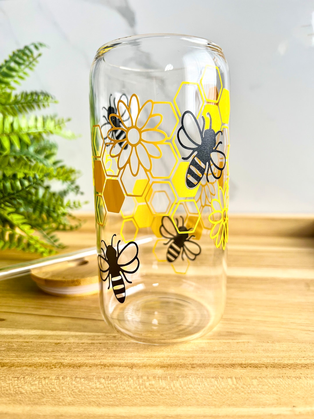 HONEY BEE DAISY Glass Cup- Iced Coffee Glass, Glass Coffee Cup, Beehive ...